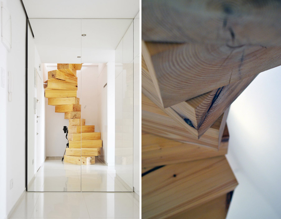 Spiral staircase made from chunky wooden blocks / QC - 谷德设计网